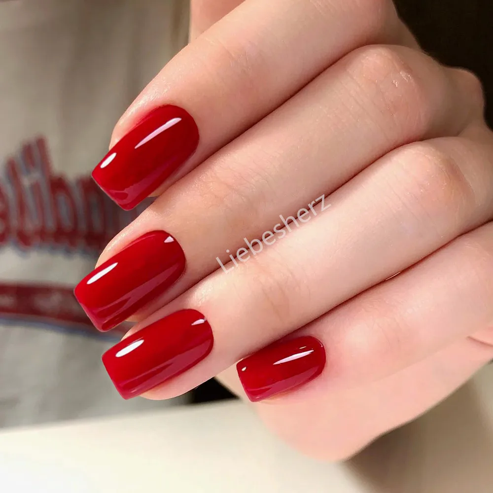 Faux ongles adhesifs reutilisable, longs et carrés, rouge vin brillant ...