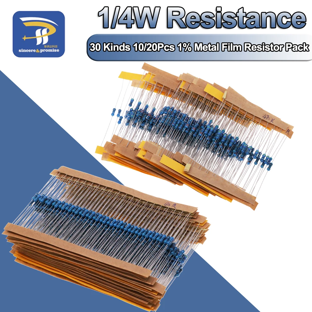 30 Kinds Each 10/20pcs Kit 1/4W Resistance 1% Metal Film Resistor Pack ...