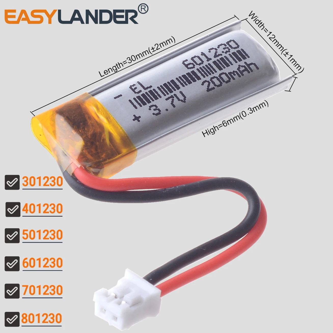 JST2.0 2Pin 601230 3.7V 200mAh 301230 401230 501230 701230 801230 ...