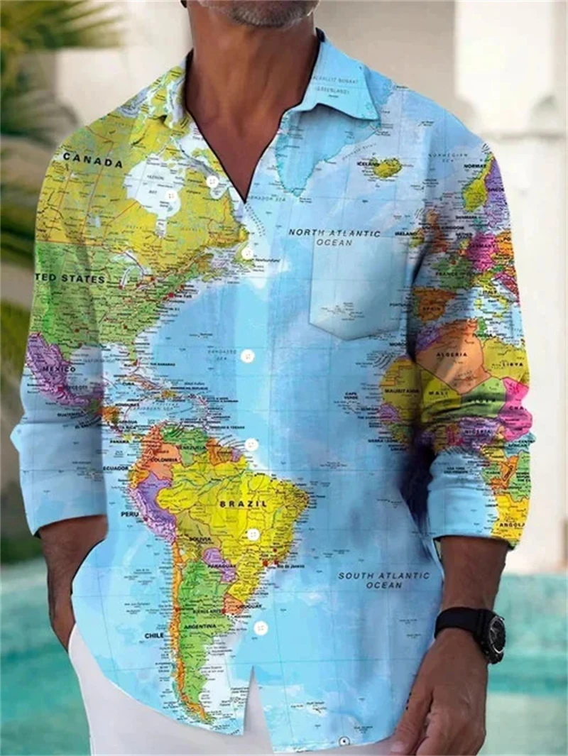 Fashion Earth Map Graphic Shirts For Men Street Style Casual Unisex ...