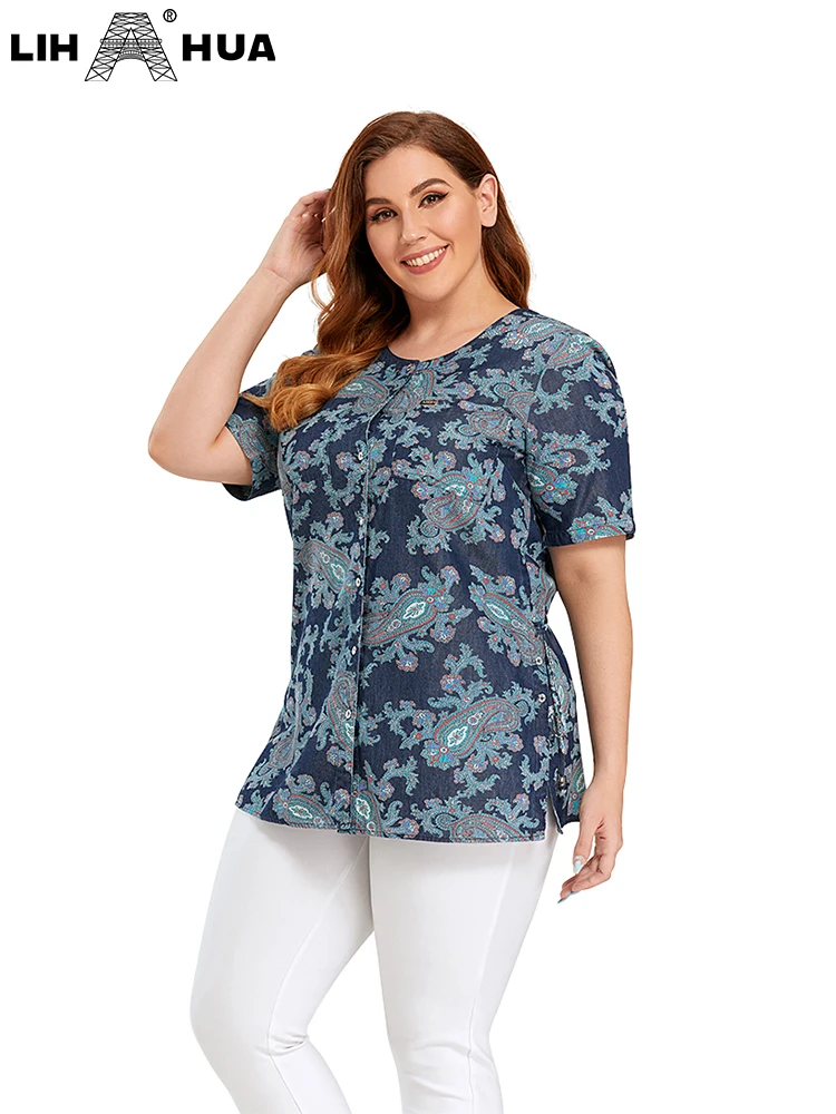 LIH-HUA-Blouse-Plus-Size-Denim-Shirt-Summer-Casual-Short-Sleeve-Belt ...