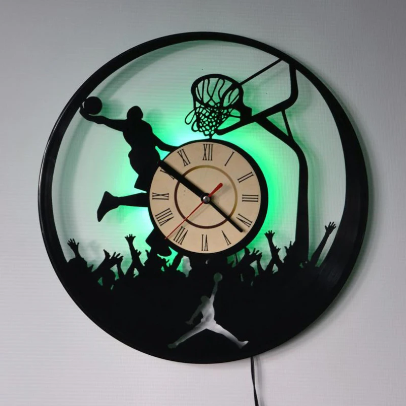 Basketball Wall Clock LED Remote Control Light Basketball Player Vinyl ...
