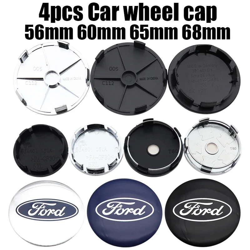 4pcs 3D 56mm 60mm 65mm 68mm Ford logo car emblem Wheel Center Hub Cap ...