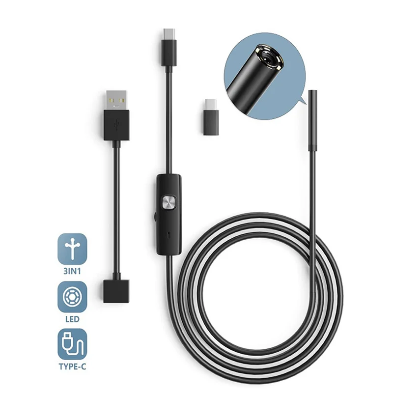 7MM Android Endoscope Camera 3 IN1 Micro USB Type C Borescope Mini ...