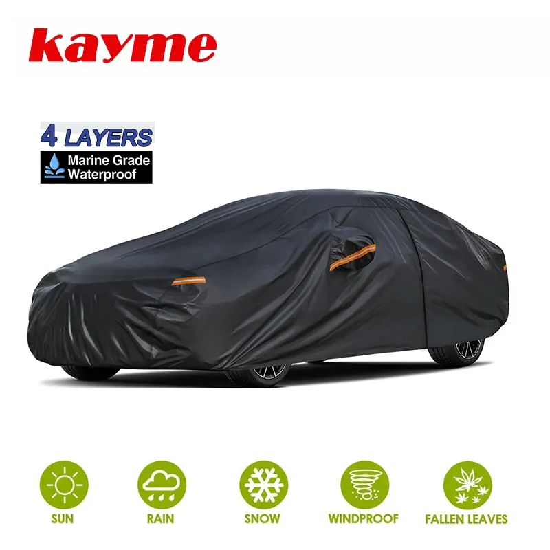 Kayme Black Heavy Duty Cotton Car Cover Waterproof All Weather, Full ...