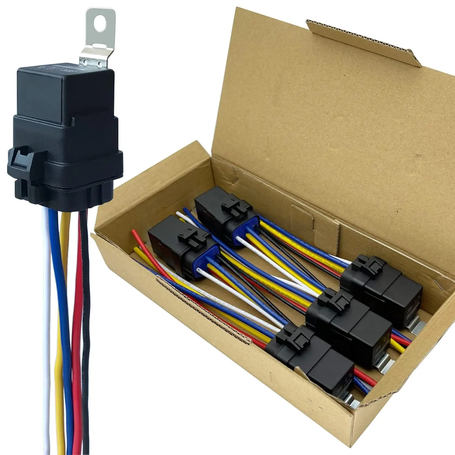 5 Pack 40/30 AMP 12V DC Waterproof Relay Kit with Heavy-Duty Pigtail, 5 ...
