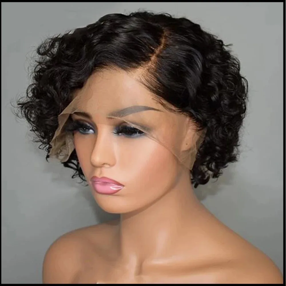 Natural Color Short Water Wave Pixie Cut 13x4 Lace Wig 6 inch ...