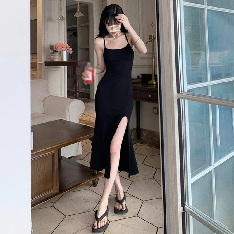 Summer-High-Waist-Split-Open-Back-Slim-Sexy-Strap-Dress-With-Chest-Pad ...