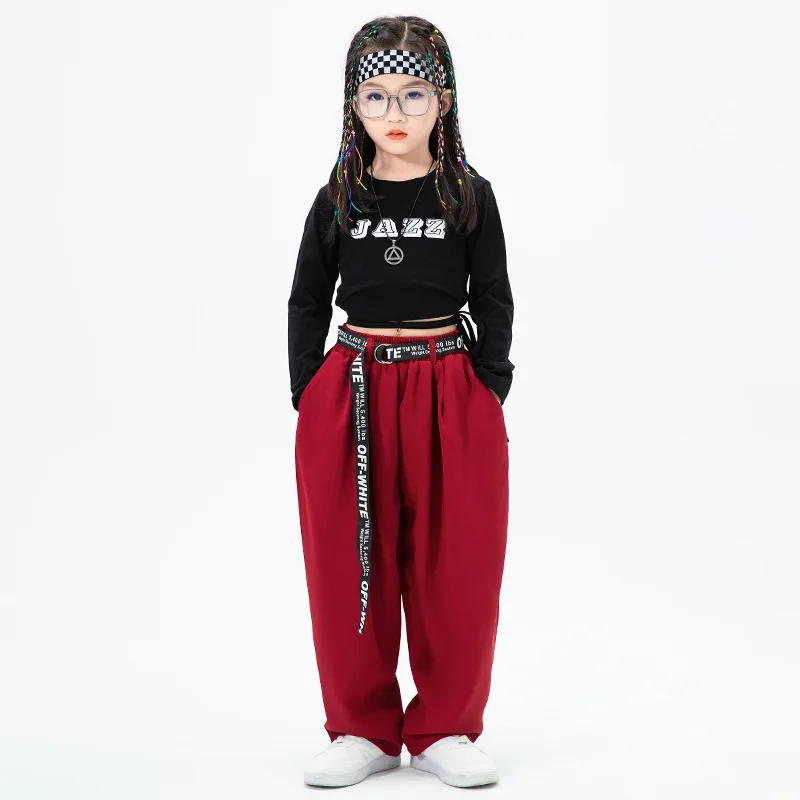 Kid Hip Hop Clothing Black Lace Up Crop Top Long Sleeve Tee Casual ...