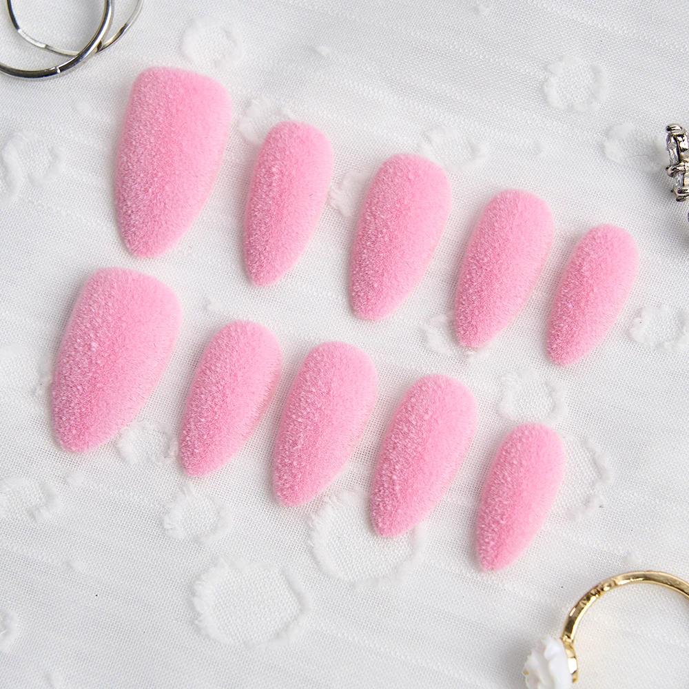 Flocking-False-Nails-Black-pink-Short-Press-on-Pure-Color-Handmade ...