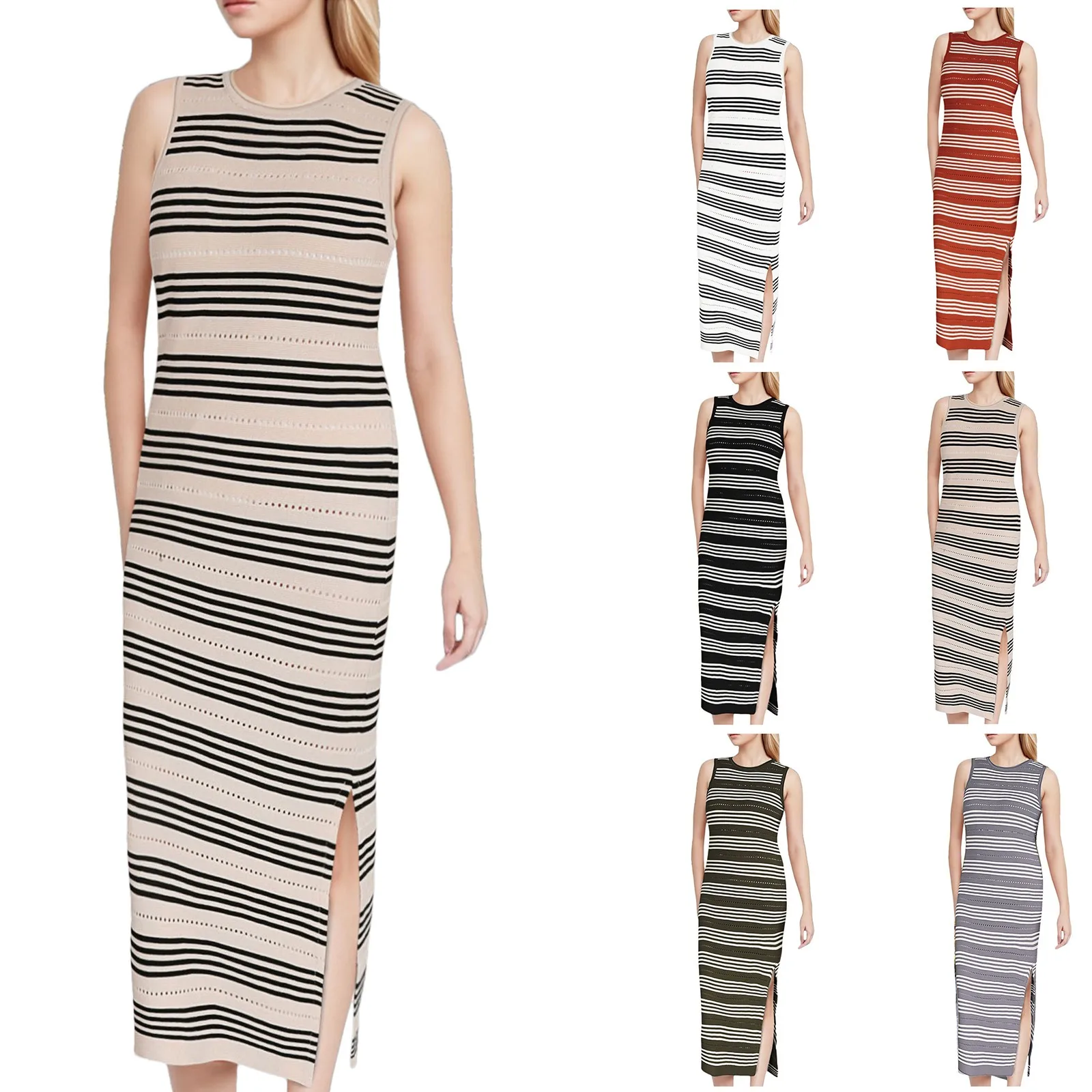 Summer-Knit-Side-Slit-Striped-Long-Tank-Dress-Casual-Round-Neck ...