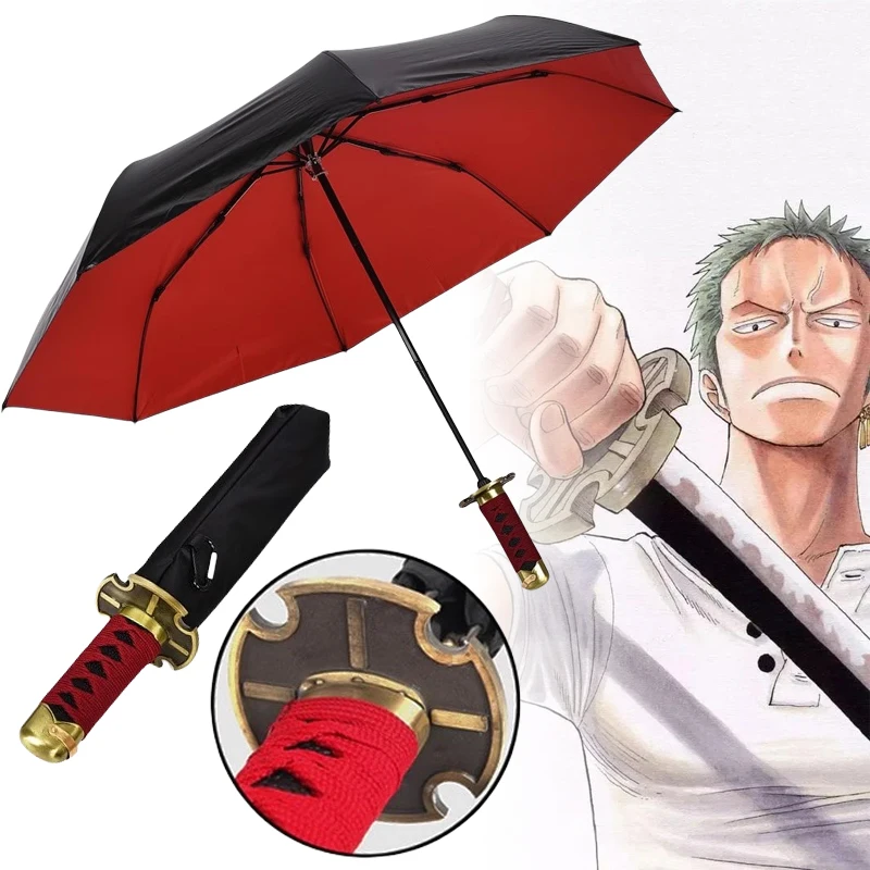 Roronoa Zoro Katana Umbrella Fold UV Blocking Black Parasol Sword Real ...