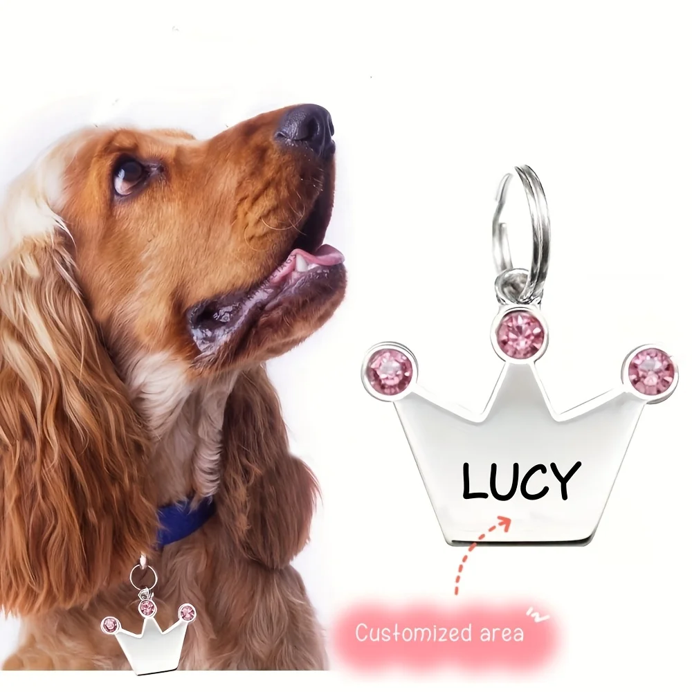 1pc Customizable Pet ID Tag with Pink Crown & Rhinestones - Zinc Alloy ...