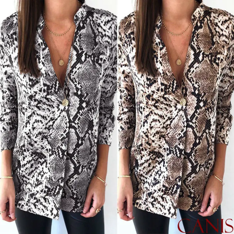 Women Snake Skin Print T Shirt Top Ladies Loose Button V Neck Blouse ...