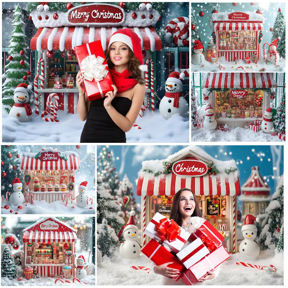 Sweet Christmas Candy Shop Backdrop Snow Scene Snowmen Gifts Family ...