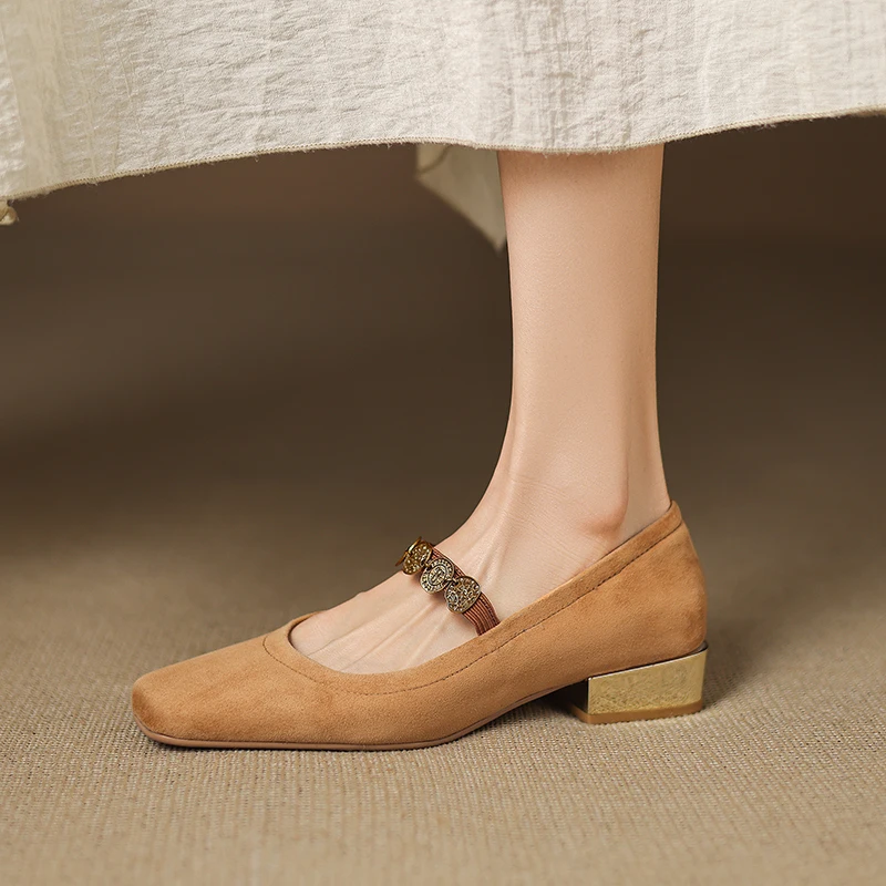 2025 NEW Spring Women Pumps Square Toe Low Heel Shoes Sheepskin Suede ...