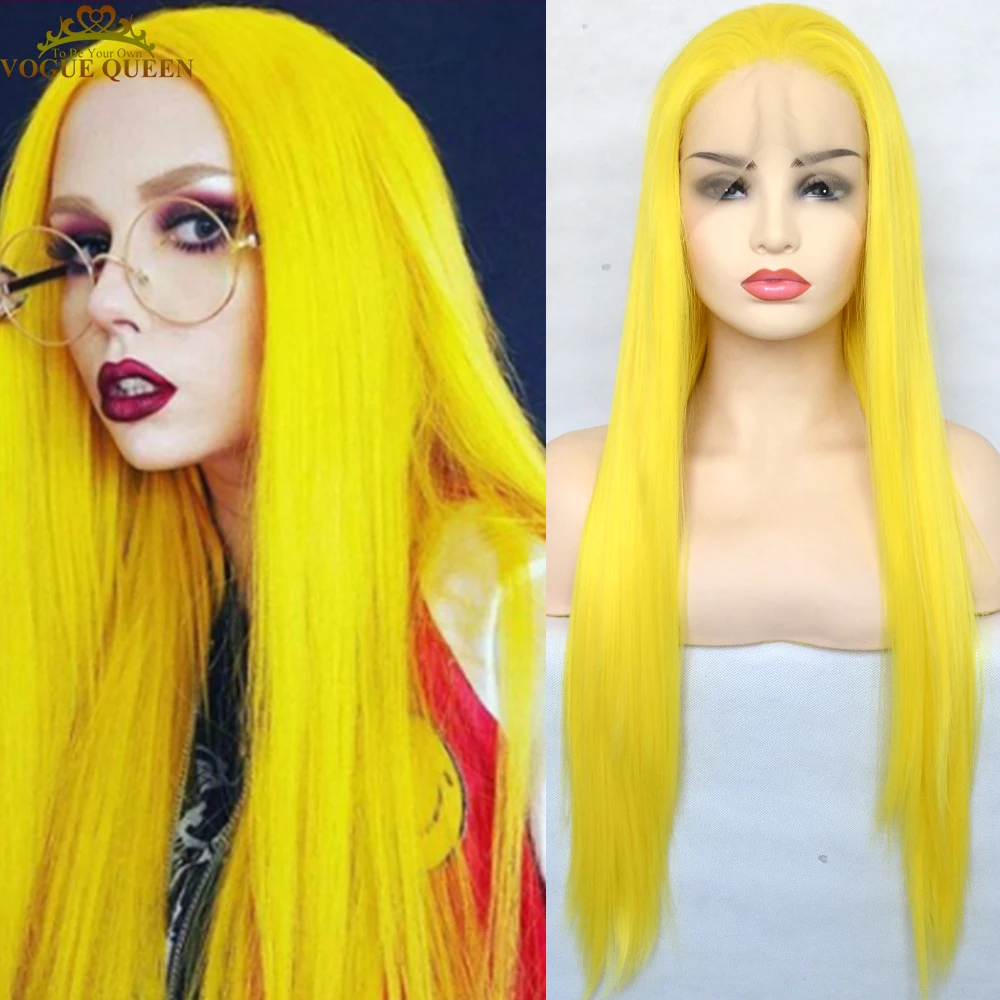 Voguequeen Yellow Synthetic Lace Front Wig Long Straight Hair Heat ...