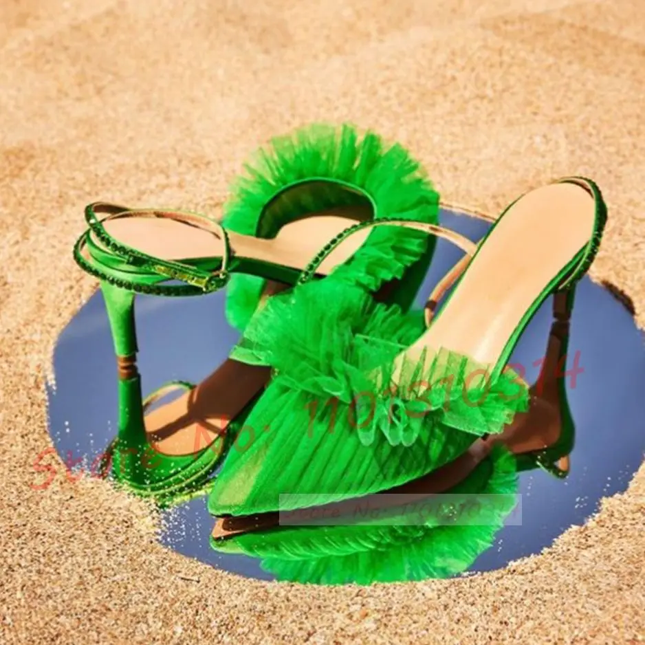 Mesh Ruffles Pointy Heels Sandals Women Elegant Rhinestone Green High ...