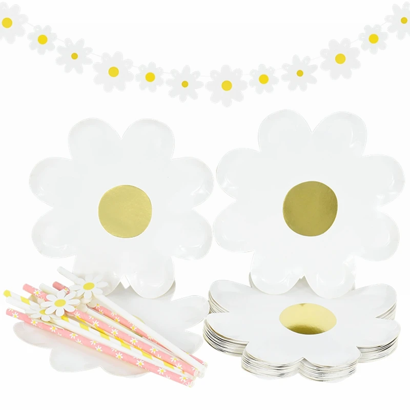 Daisy-Disposable-Tableware-Paper-Plate-Straw-Banner-Kids-Girls-Birthday ...