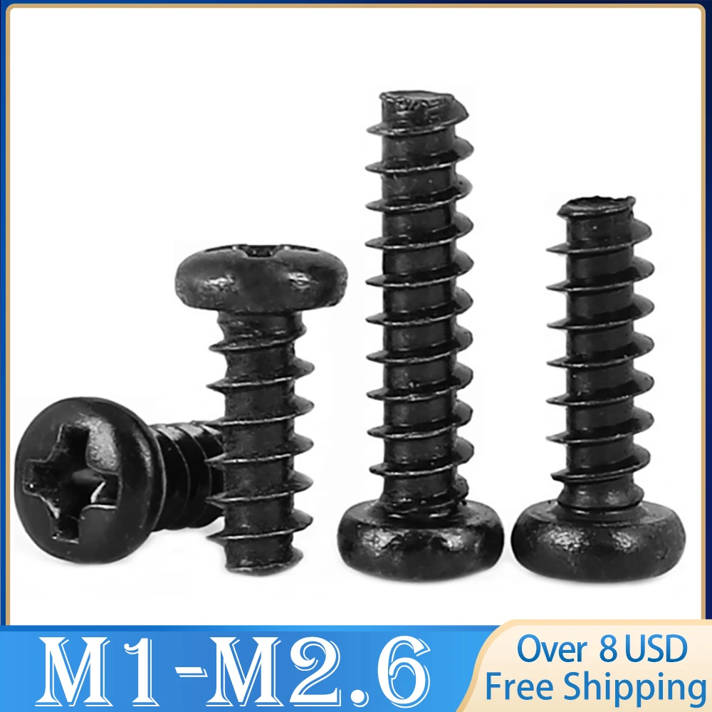 500/ 200/ 100pcs M1 M1.2 M1.4 M1.5 M1.6 M1.7 M2 M2.3 M2.6 PB 팬 헤드 블랙 전자 마이크로 나사 필립스 셀프 태핑 나사 ...
