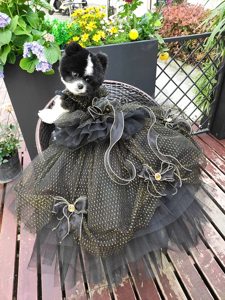 Handmade Dog Clothes Pet Supplies Black Golden Tulle Trailing Dress Gem ...