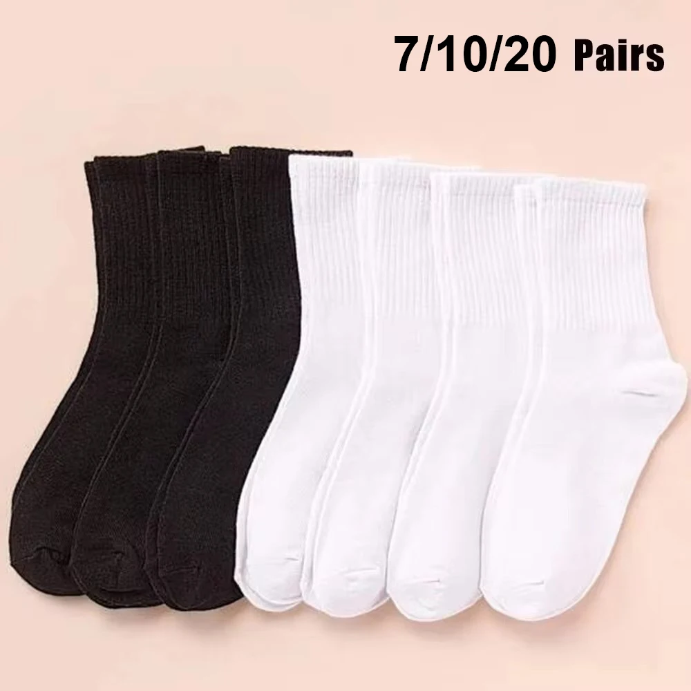 7/10/20 Pairs Mid Length Socks Women Classic Black White Solid Color ...