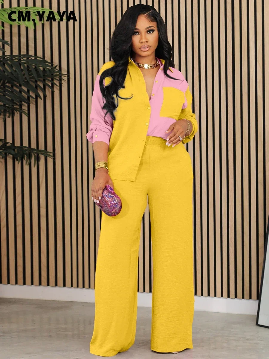CM.YAYA Fashion Women's Set Long Sleeve Colorblocked Shirt and Wide Leg ...