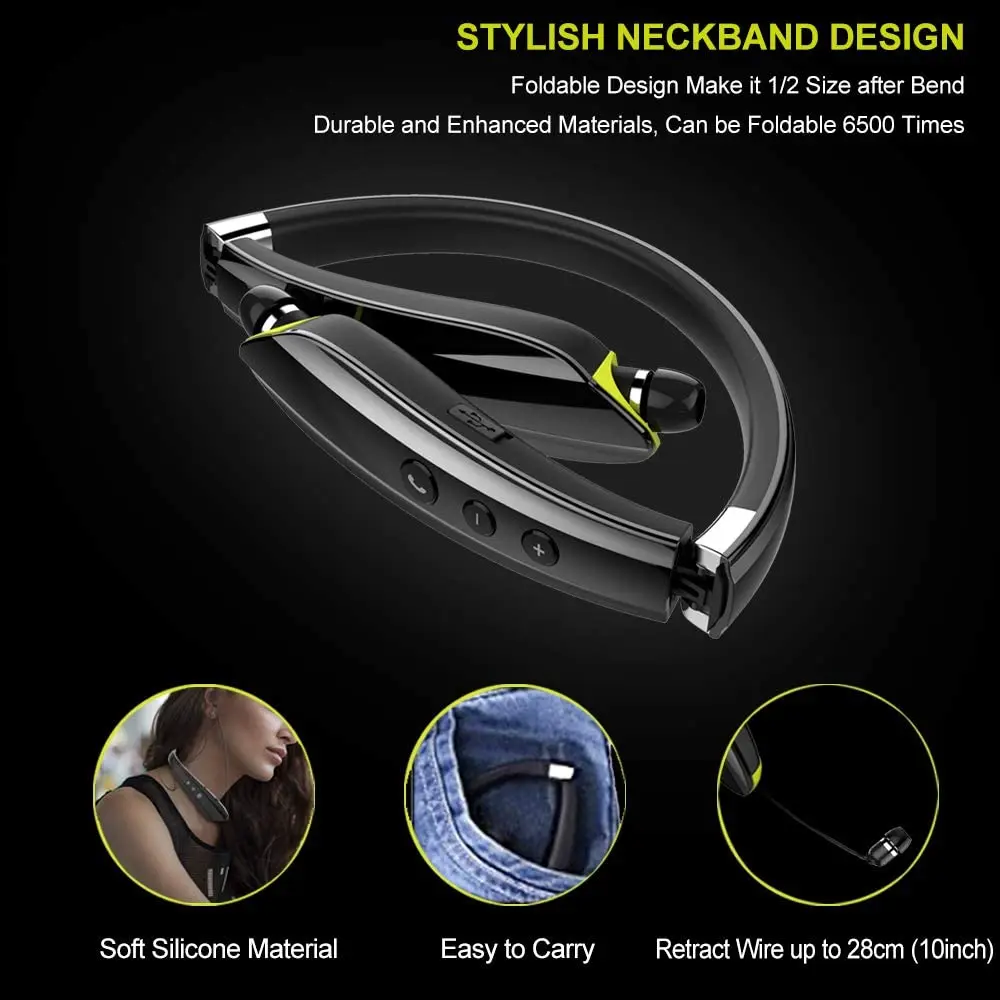 Foldable Retractable Bluetooth Headphones Neckband Wireless Earbuds ...