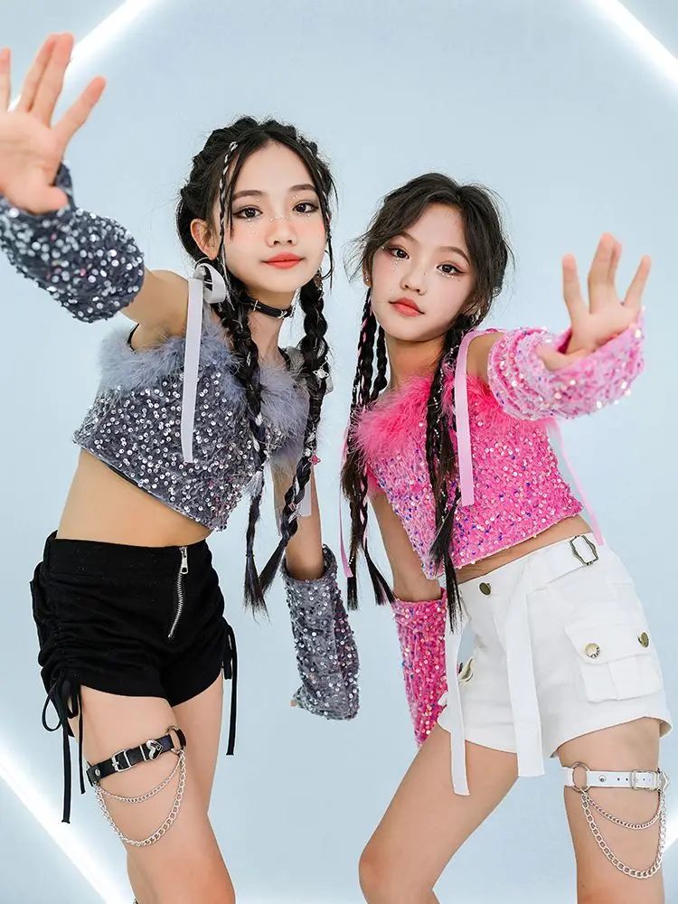 Pink Sequin Jazz Costume Girls Hip Hop Stage Outfit Black White Shorts ...
