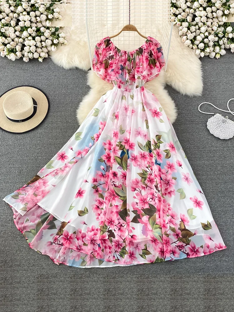 Summer-New-Ruffled-One-word-Collar-Print-Worn-Twice-Long-Dress-High ...