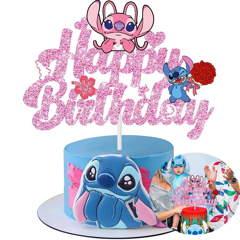 Pink Lilo &Stitch Cake Topper Girls Cartoon Happy Birthday Cake Decor ...
