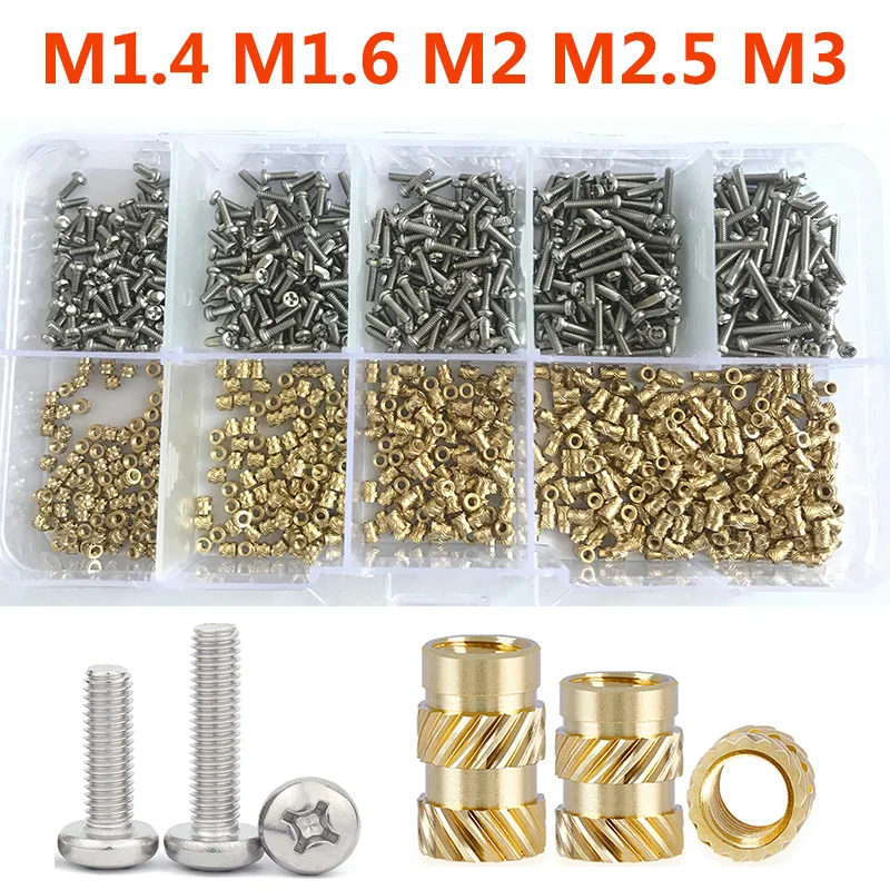 M1.4 M1.6 M2 M2.5 M3 M4 Brass Hot Melt Insert Knurled Nut and 304 Stainless Steel Screw Set Hot ...