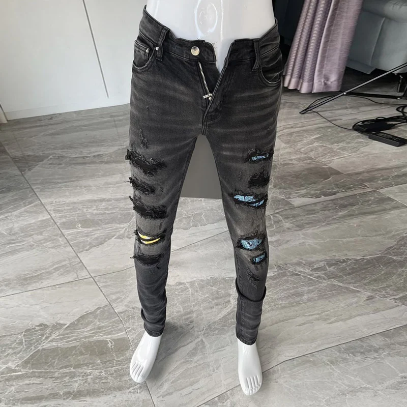 Designer Black Skinny Jeans Mens | Rip Jeans Black Men Skinny - Street ...
