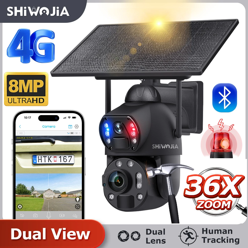 SHIWOJIA 4K 8MP 36X Zoom 4G Solar Camera Dual Lens Dual Screen Human ...