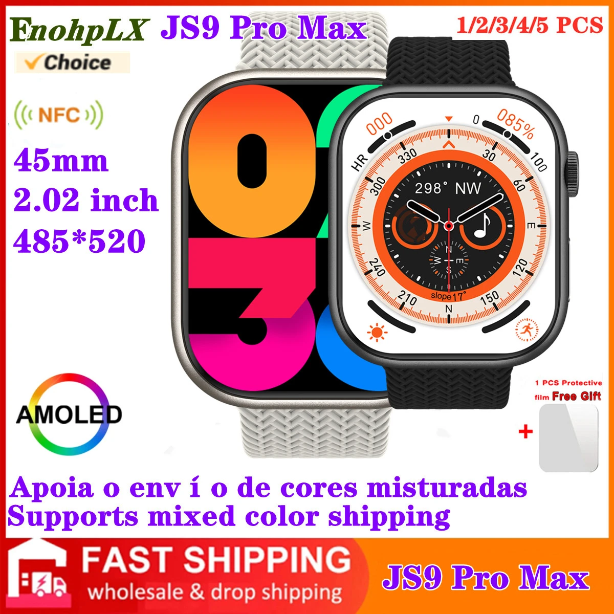 Yeni 2023 45mm 2.02 inç spor saatler JS9 Pro MAX AMOLED ekran akıllı ...
