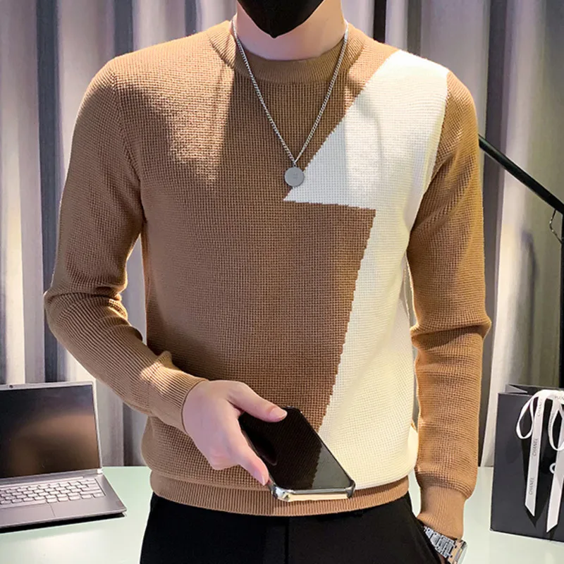 Autumn-New-Personality-Splicing-Striped-Knitted-Sweater-Mens-Slim ...