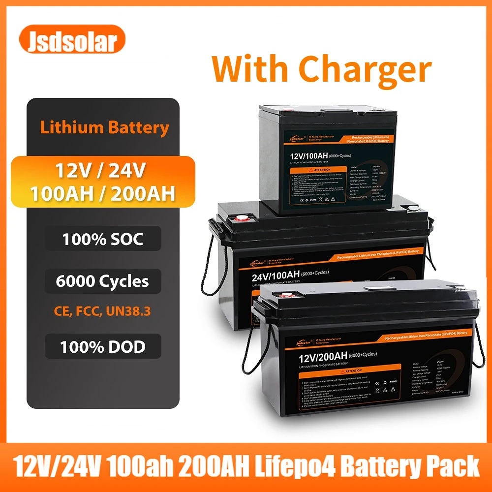 Jsdsolar 6000 Cycles 12V 24V 100Ah 200Ah LiFePo4 Battery Pack BMS EVE ...