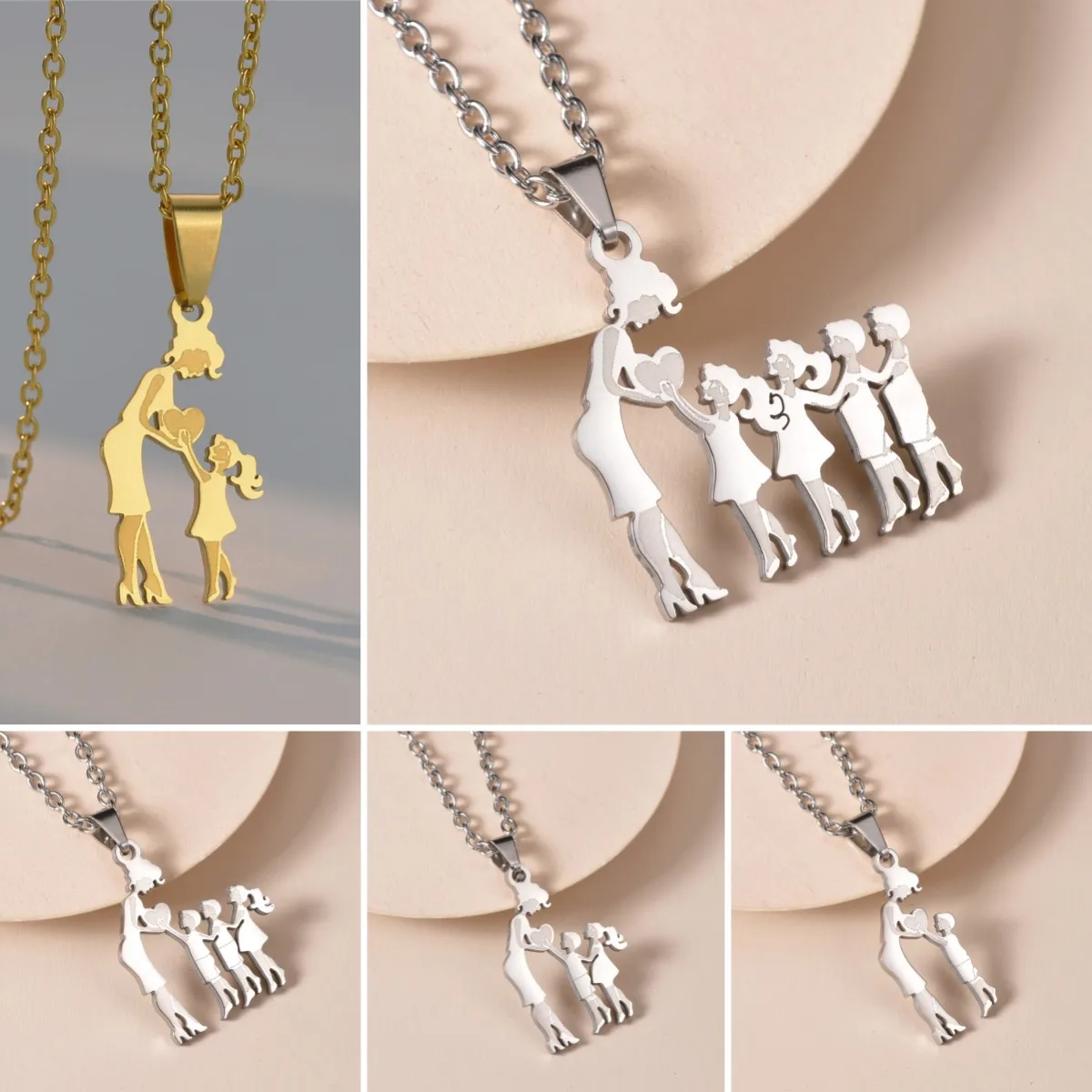 Mothers and Children Family Stainless Steel Necklaces Silver Color ...