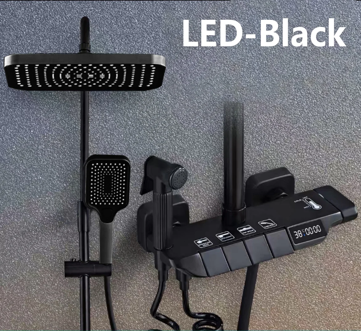 Black-Digital-Shower-Set-Bathroom-Rainfall-Brass-Wall-Mounted-4Way ...