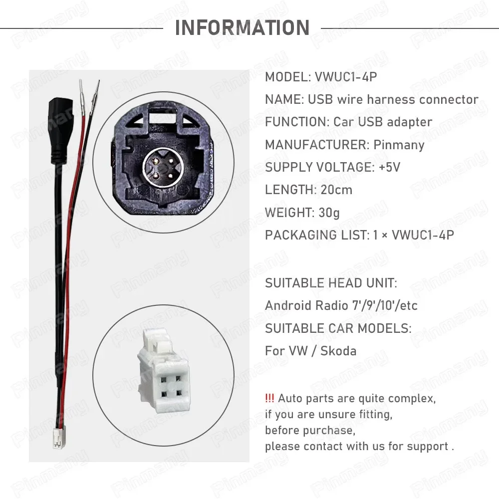 Car Radio Audio Connector VWUC1 4 Pin USB Wire Harness Adapter For VW ...
