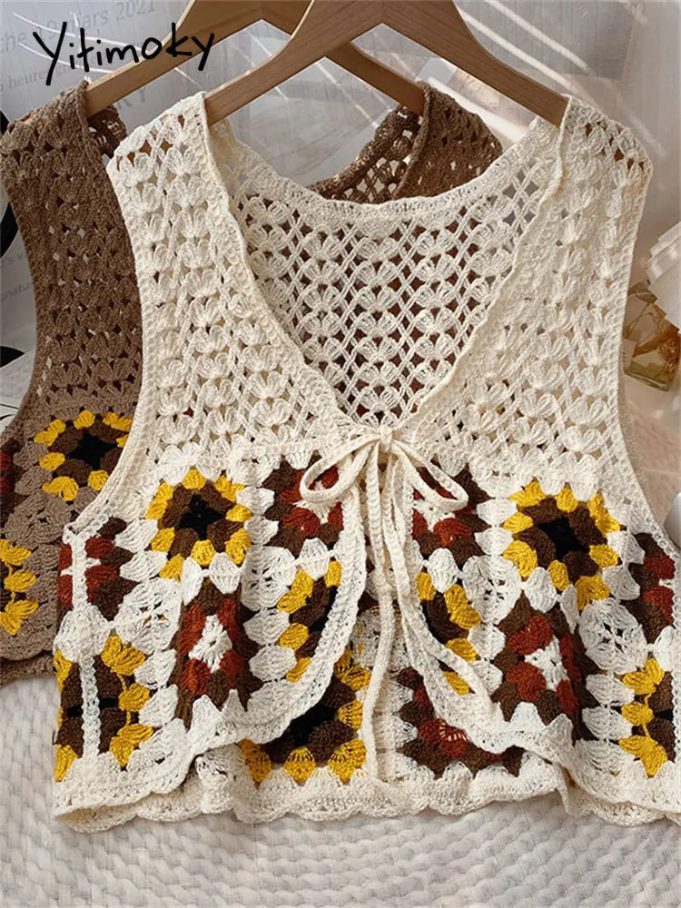 Yitimoky Chaleco de punto con cuello en V para mujer, Chaleco de punto sin mangas Vintage ...