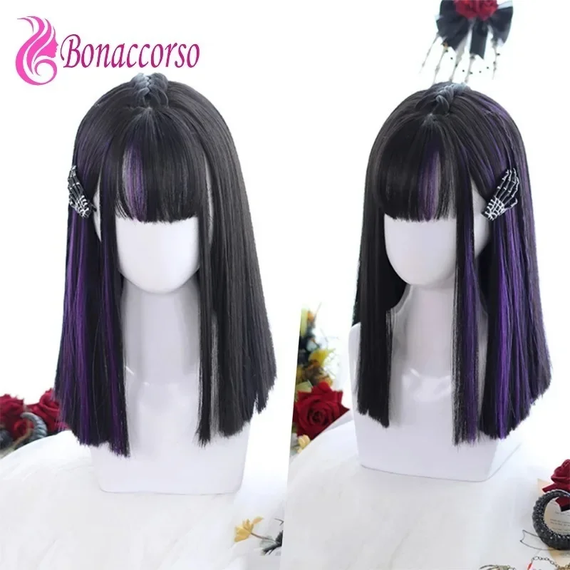 Gothic Lolita Cosplay Wig Synthetic Black Purple Mixed Color Highlights ...