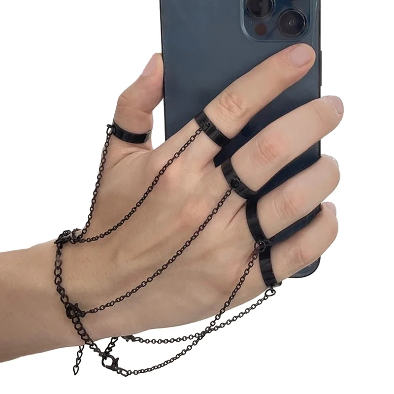 Punk-Geometric-Black-Chain-Bracelet-Ring-Charm-Set-for-Men-Women-Couple ...