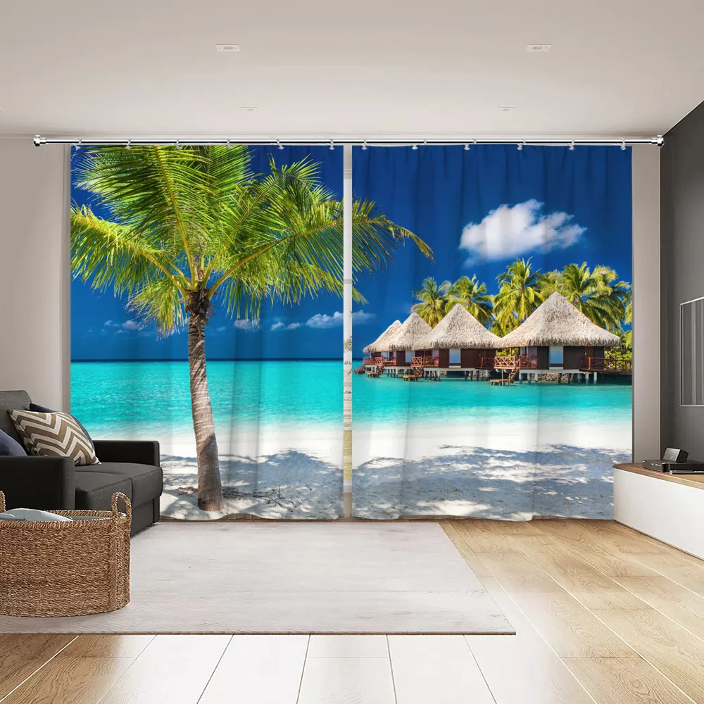 2Pcs-Ocean-Scenery-Curtain-Beach-Tropical-Tree-Waves-Ran-Landscape ...