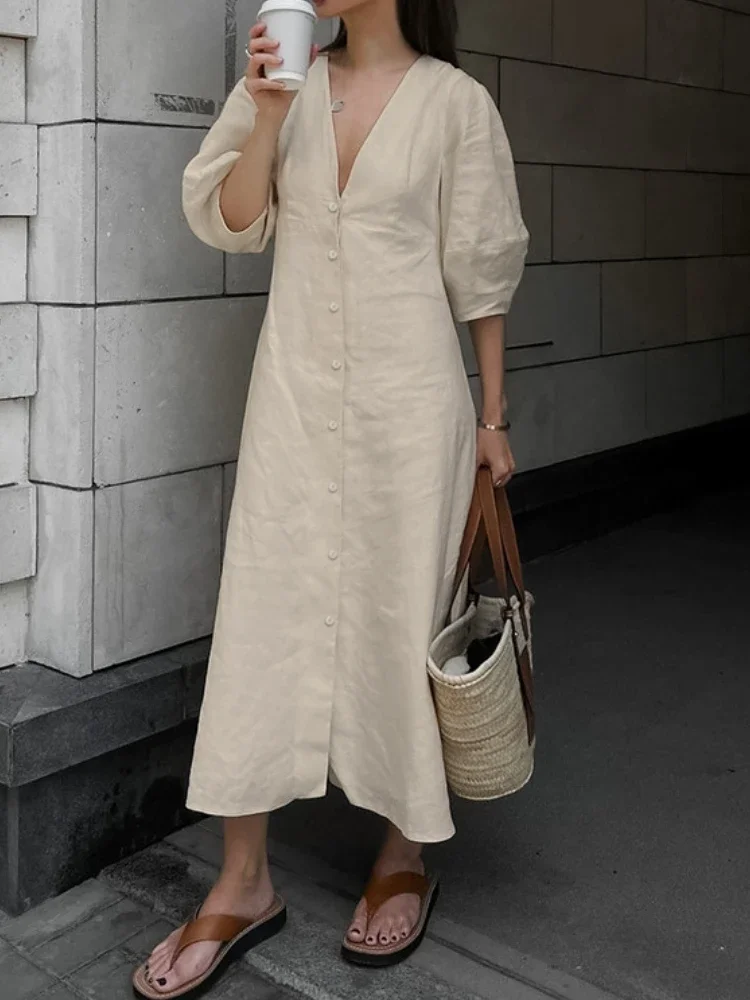 New-in-Women-s-Dress-Spring-Summer-Fashion-V-Neck-Solid-Color-Loose ...