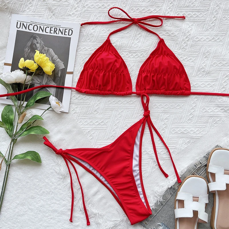 Sexy String Bikinis Solid Swimsuit Women Thong Bathing Suit Halter ...