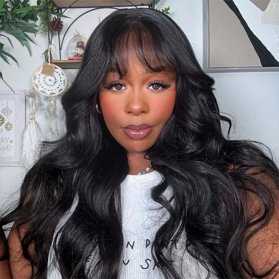 Body Wave Human Hair Wigs With Bangs 250% Density Machine Made Wigs ...