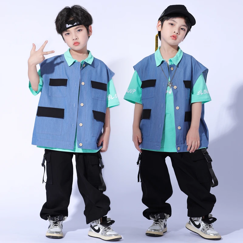 Children'S Jazz Performance Clothing Boy Denim Blue Vest Loose Pants ...