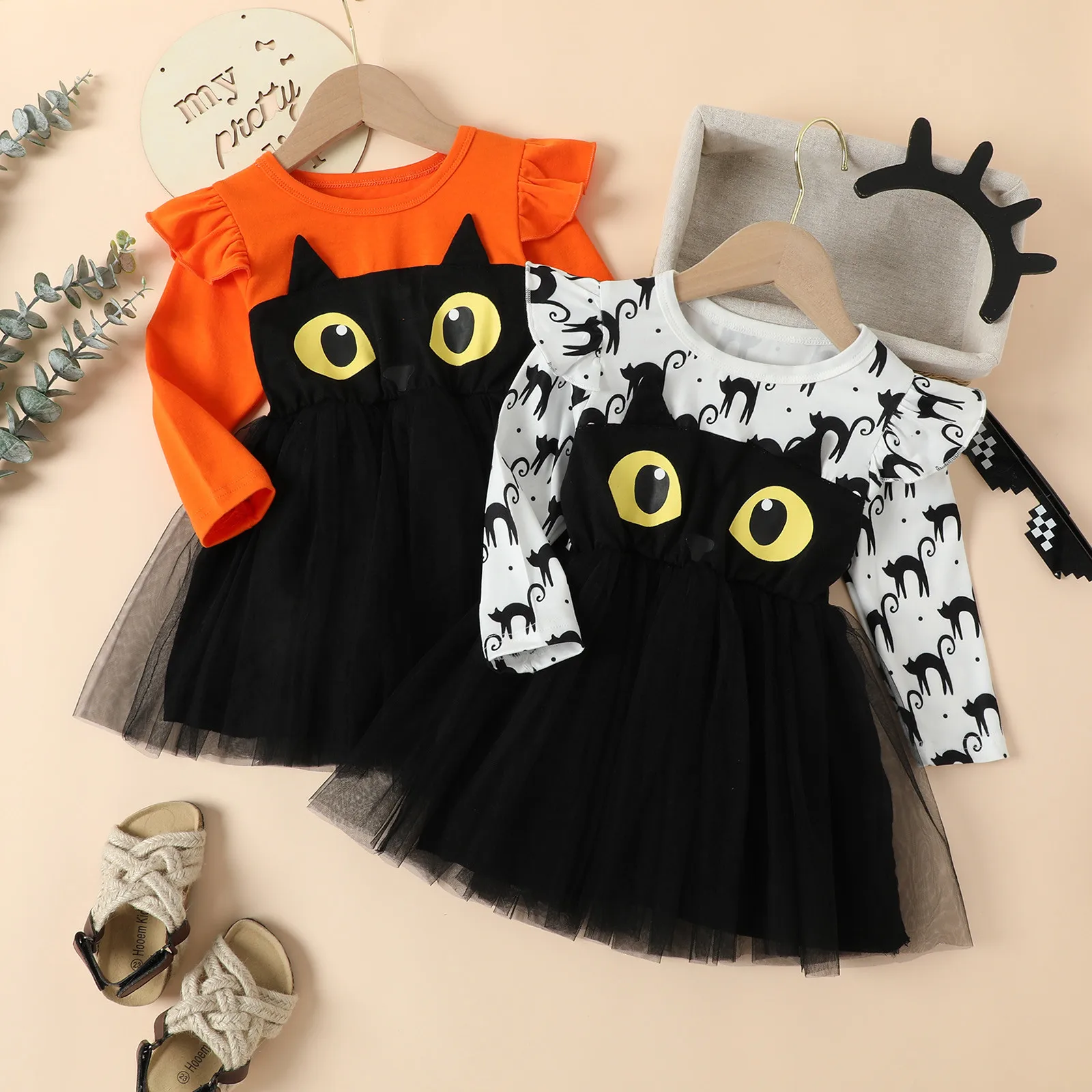 Kids-Halloween-Dresses-For-Girls-Black-Cat-Print-Cartoon-Party-Mesh ...