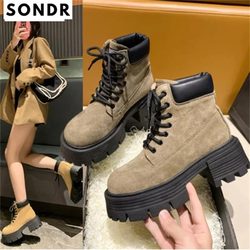 Botas cuadradas de suela gruesa y Martens para mujer, nueva versión ...